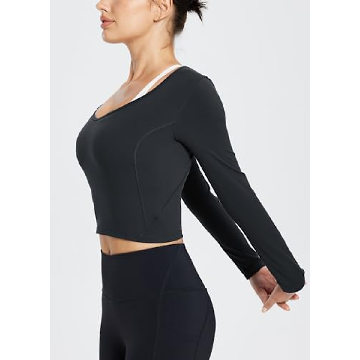 BALEAF Nuleaf Scoop Neck Long Sleeve Crop Top for Women Slim Fit Workout Shirts Tight Base Layer Athletic Gym Casual Black M