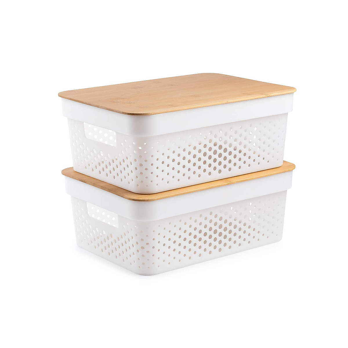 CORE HOME Multipurpose White 14 x 11 Polypropylene Storage Bins With Bamboo Lids Set of 2