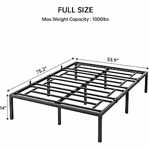 SUNNYFURN Full Size Metal Bed Frame, 14 Inch Heavy Duty Full Bed Frame with Storage Space Under Bed, Mattress Foundation and No Box Spring Needed, Noise Free, Black, Full Size