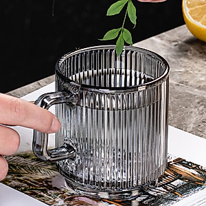 Leadiy Pink Glass Coffee Mug with Lid, Clear Glass Coffee Cups, Classical Vertical Stripes Coffee Mugs for Latte Juice Tea 12.5 Ounces