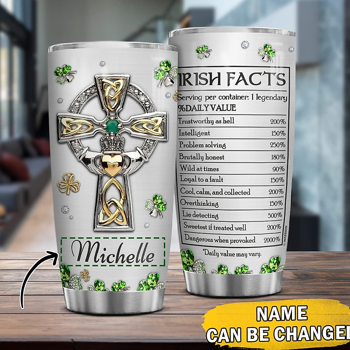 Wassmin Personalized St Patricks Day Tumbler Irish Fact Celtic Cross Jewelry Drawing Stainless Steel Tumbler 20 Oz 30 Oz with Lid Travel Mug Saint Paddy's Day Gifts for Irish Women Men Family Friends