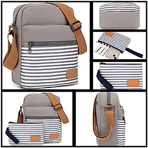 Leaper Girls Crossbody Purses 2 PCS Stripe Messenger Bag Canvas Crossbody Bag and Purse Set for Women Stripe Gray