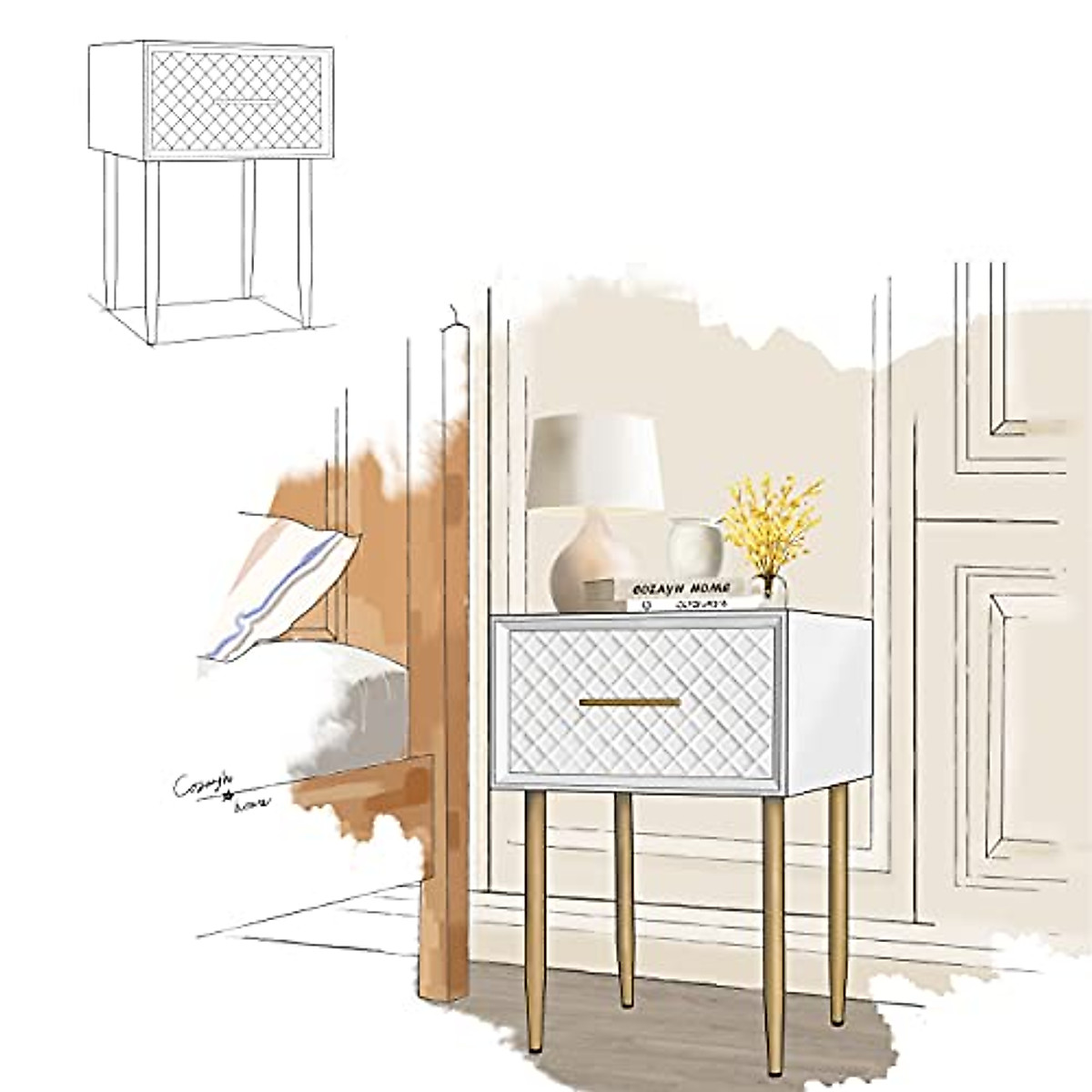 COZAYH Set of 2 Modern Spacious Drawer Nightstand Side Table, Retro-Inspired Raised Diamond Motif, White 2-Pack 1-Drawer Nightstand Nightstands