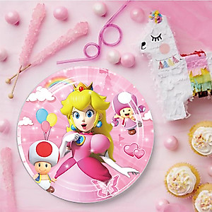 51 Pcs Princess Peach Birthday Party Decoration,Princess Peach Party Supplies Include Happy Birthday Backdrop,paper plates,cake toppers and latex balloons