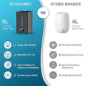 6L Humidifiers for Bedroom Large Room, Cool Mist Humidifiers for Baby Nursery Plants with Essential Oils Diffuser, 360° Rotatable Double Spray Outlet Nozzle, Auto-Shut Off, Sleep Mode,Quiet