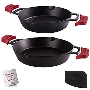 Cast Iron Skillet Set - 10" + 12"-Inch Dual Handle Frying Pans + Silicone Handle Holder Covers + Pan Scraper - Pre-Seasoned Oven, Grill, Stovetop, Induction Safe Kitchen Cookware - Indoor/Outdoor Use