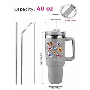 40 ounce insulated cup with handle, double-layer vacuum stainless steel material, equipped with straw, can keep warm or maintain cold drinks Colorful Butterfly grey