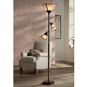 Franklin Iron Works Plymouth Rustic Farmhouse Torchiere Floor Lamp Standing 3-Light Dimmable 72" Tall Bronze Faux Wood Metal Mica Cone Shade Decor for Living Room Reading House Bedroom Home Office