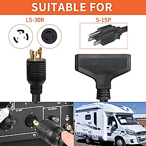 30Amp Generator Power Cord YACSEJAO 1.5FT 10AWG NEMA L5-30P to 3 Outlet 5-15R Female 30 Amp to 15 Amp Generator Adapter Cable with Twist Lock