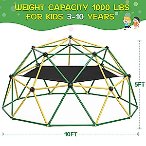 GIKPAL Climbing Dome, 10FT Dome Climber with Hammock for Kids 3 to 10 Outdoor Play Equipment, Supports up to 1000lbs Jungle Gym, Anti-Rust, Easy Assembly, Gift for Kids, Yellow+Green
