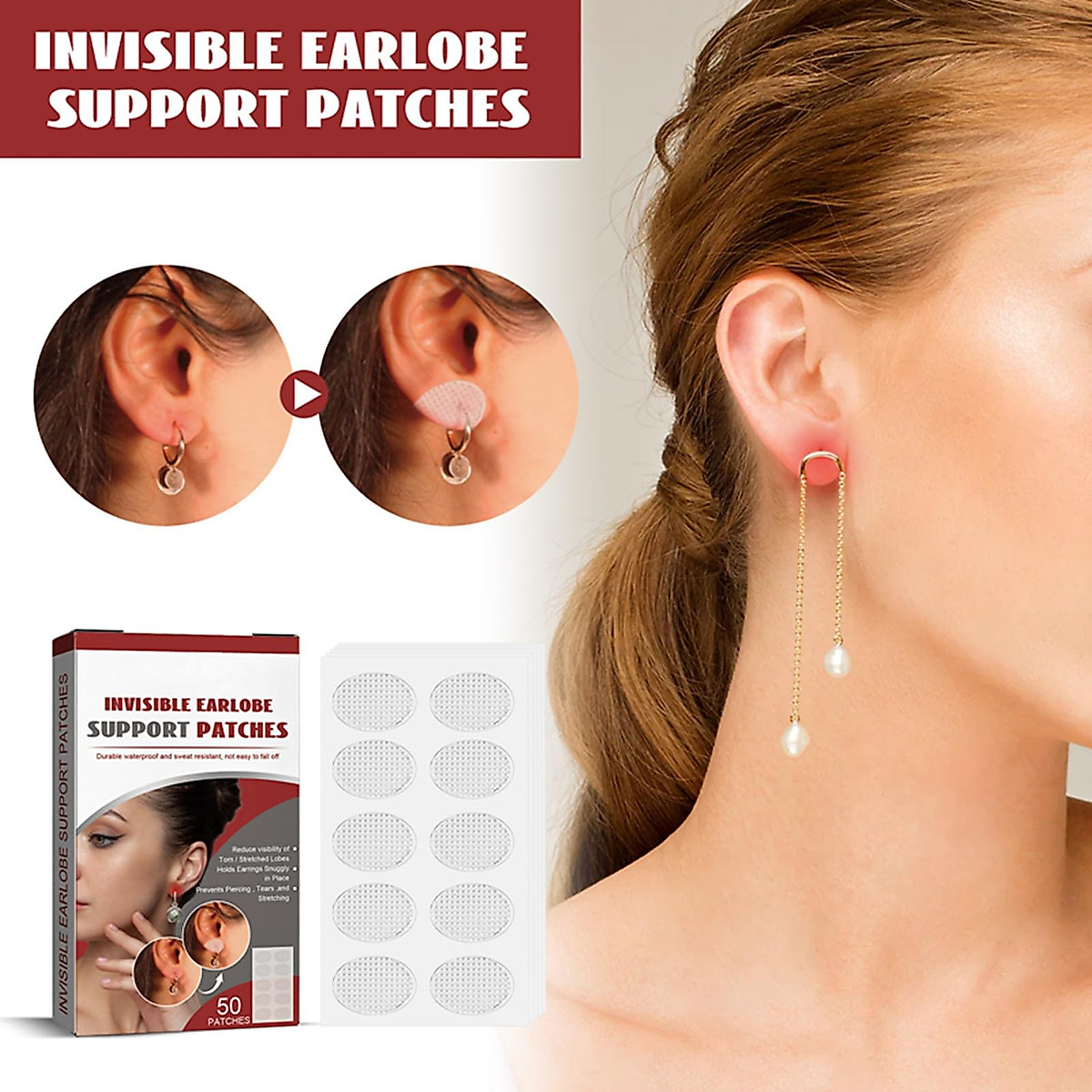 Ear Lobe Support Patches Earring Support Patches Invisible Ear Lobe Support Tape Portable Earlobe Support Patches Large Earrings Support Sticker Reduces Strain for Women Long Time Wear Earring