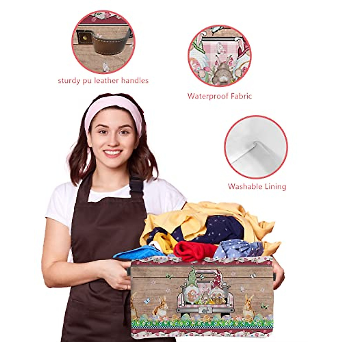 Easter Gnome Bunny Truck Waterproof Fabric Storage Basket for Organizing Bedroom Bathroom Laundry Room Collapsible Storage Bins Rustic Wooden Decorative Shelf Basket for Gifts Empty