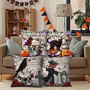 Hexagram Lighted Halloween Pillow Covers, Halloween Decorations Skull Pumpkin Black Cat LED Halloween Pillows Covers 18x18 Set of 4, Halloween Light Gothic Decor Pillows for Couch Sofa Indoor