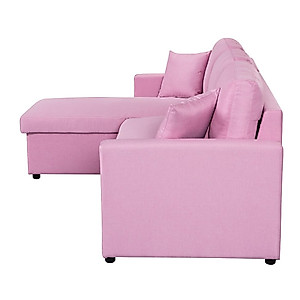 GLANZEND L-Shape Reversible Linen Sleeper Sectional Sofa with Storage Chaise, Corner Convertible Couch w/ 2 Throw Pillows for Living Room, Small Apartment, Dorm, Pink, 57 Inch
