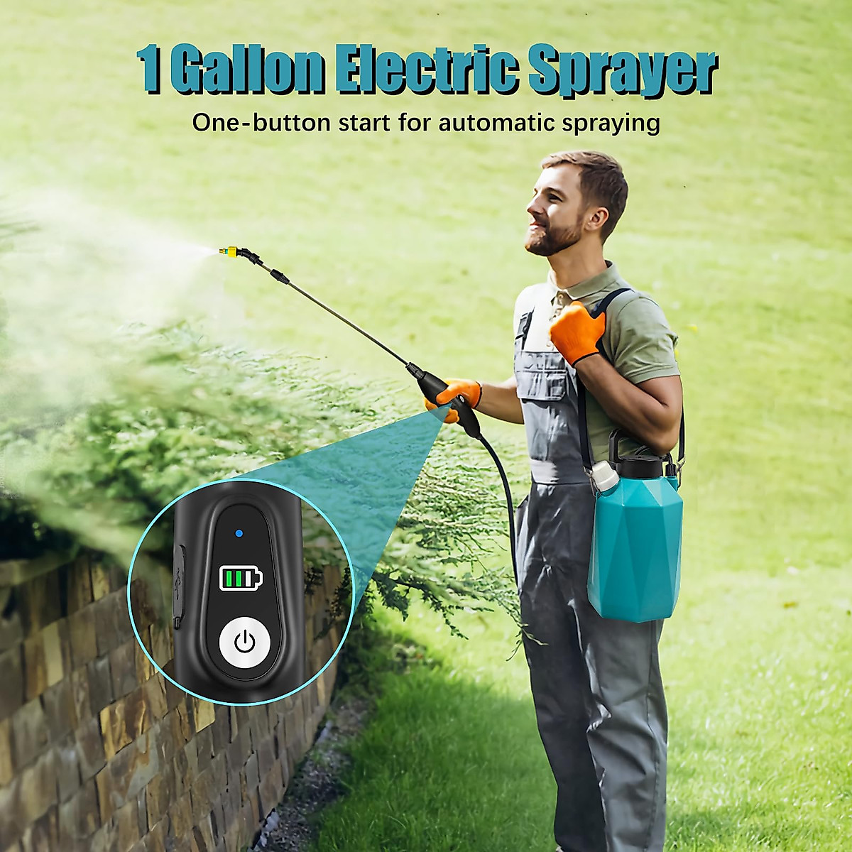 Battery Powered Garden Sprayer, Electric Pump Sprayer 1 Gallon with 3 Nozzles, USB Rechargeable Handle, Telescopic Wand, Portable Water Sprayer with Adjustable Shoulder Strap for Lawn and Garden