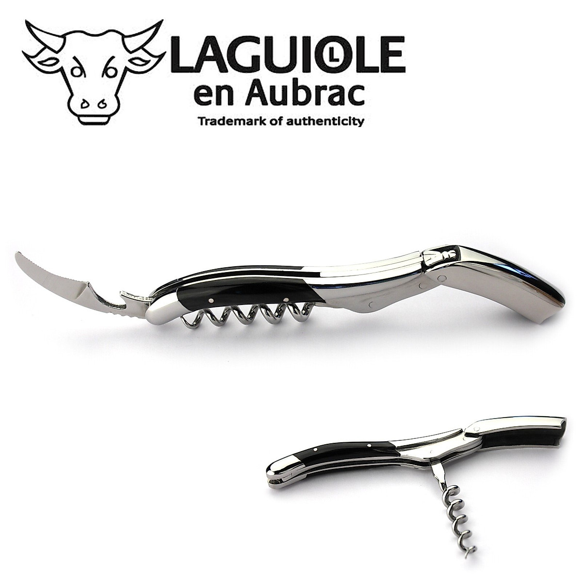 Laguiole En Aubrac Sommelier Waiter's Corkscrew, Buffalo Horn Handle, Wine Opener With Foil Cutter & Bottle Opener, Stainless Steel Shiny Bolsters