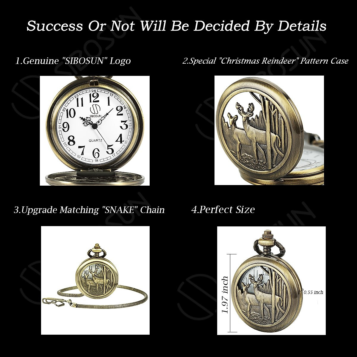 SIBOSUN Pocket Watch with Chain Deer Reindeer Woodland Men Smooth Back Case Bronze Vintage Box Quartz