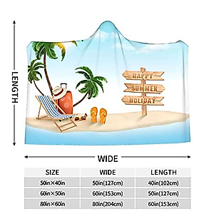 Hooded Blanket Summer Ocean Beach Tropical Palm Trees Flannel Wearable Throw Cape Robe Wrap Fleece Warm Air-Conditioning Quilt 60"X50"
