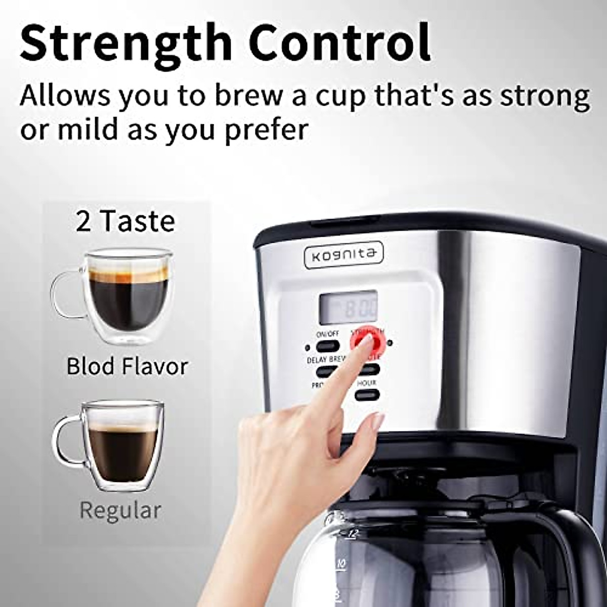 12 Cup Coffee Maker, Programmable Coffee Machine & Ice Tea Maker with Glass Carafe, Drip Coffee Maker Coffee Pot, Auto Keep Warm, Anti-Drip, Strength Control, Stainless Steel Small Coffe Maker, 900W Quick Brew, Kognita