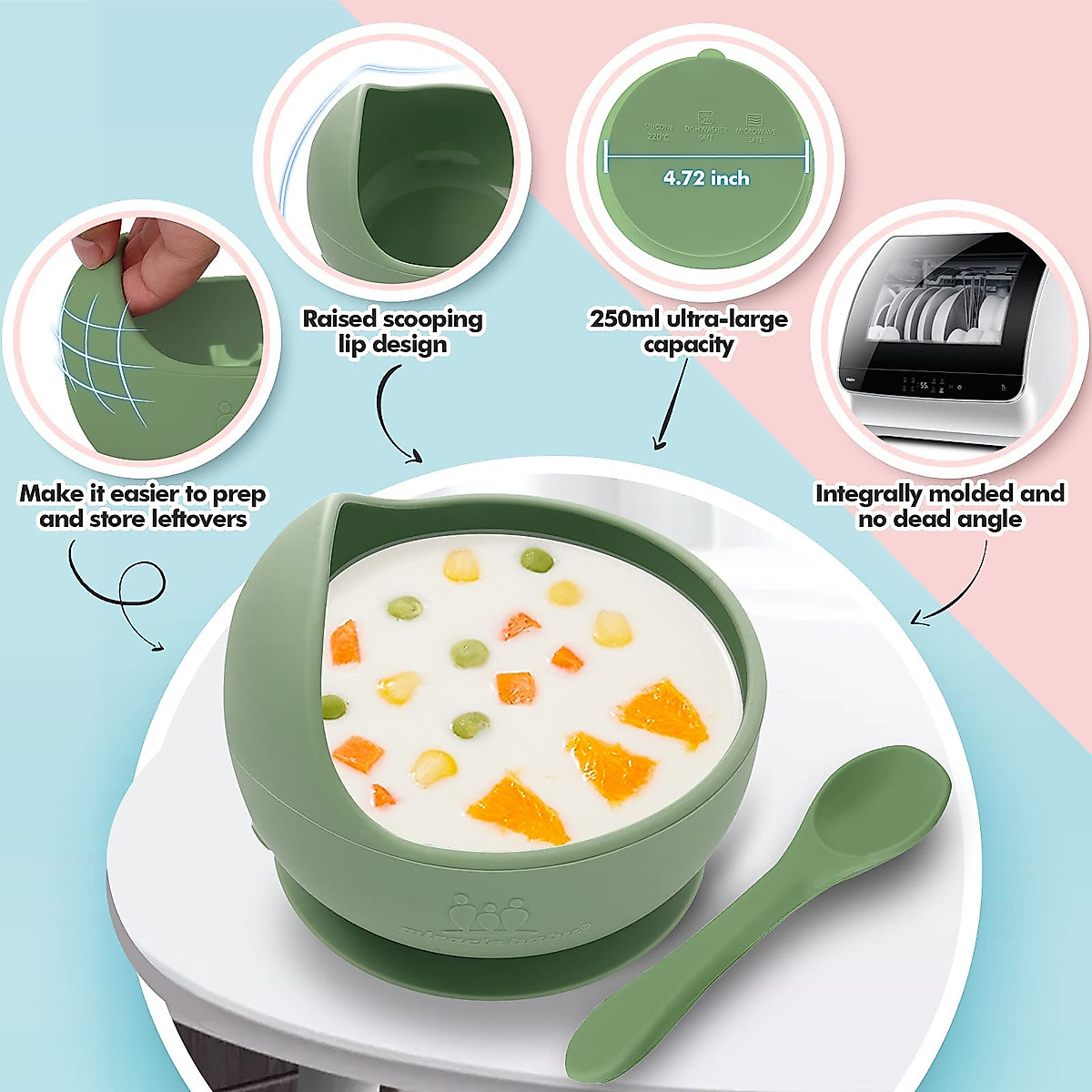 Plates And Bowls Sets For Baby/Kids, 4 PACK Baby Feeding Supplies with Suction Bowl＆Divided Plate＆Adjustable Bib＆Soft Spoon-BPA Free-Easily Clean Infant Training Eating Utensil (Green)