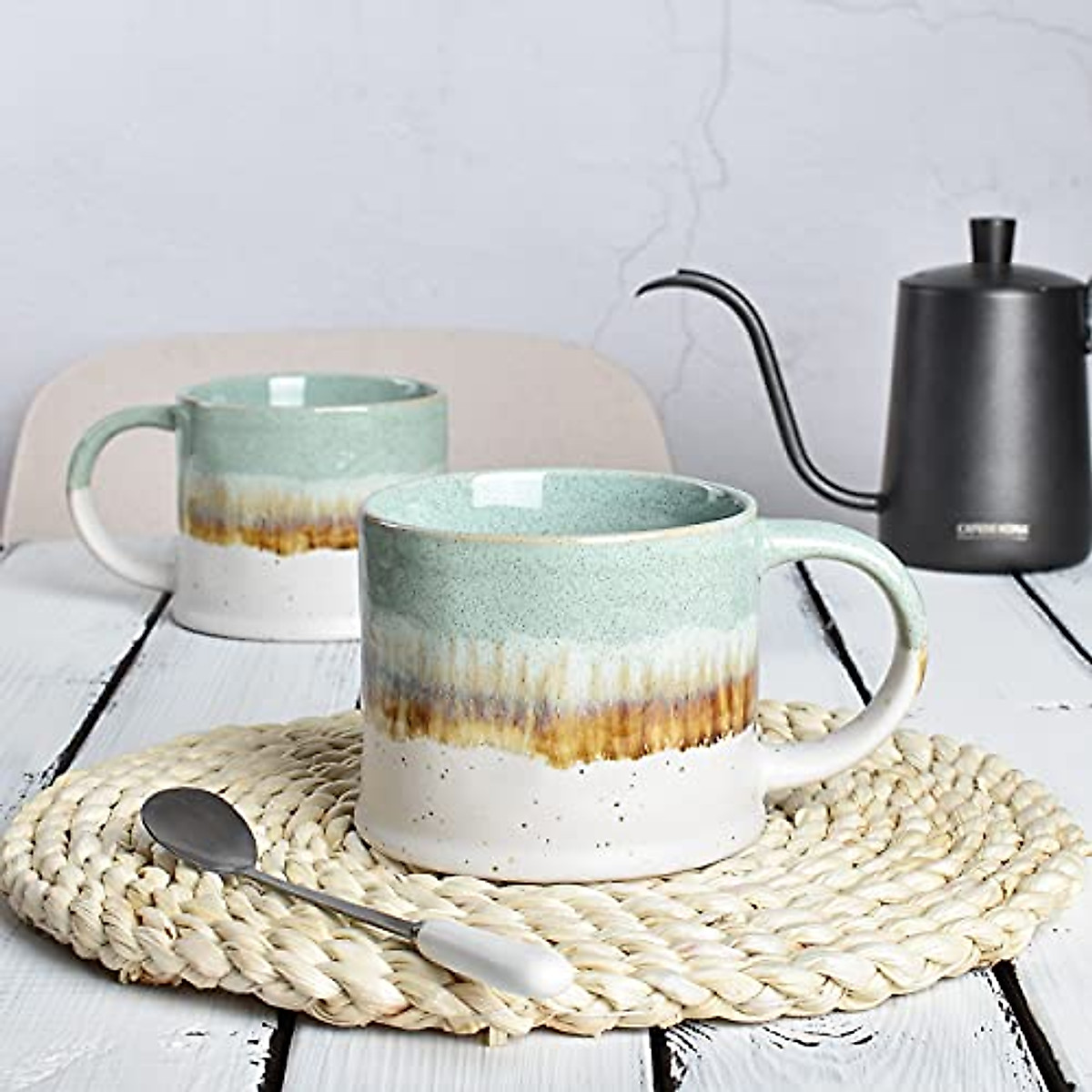 Bosmarlin Medium Ceramic Coffee Mug Set of 2, 15 oz, Big Stoneware Tea Cup for Office and Home, Dishwasher and Microwave Safe (Green, 2)