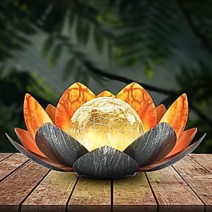 QZHP Outdoor Solar Lights, Garden Decor, Crackle Glass Globe, Waterproof Metal Lotus Flower Light for Patio, Lawn, Walkway, Tabletop, Ground