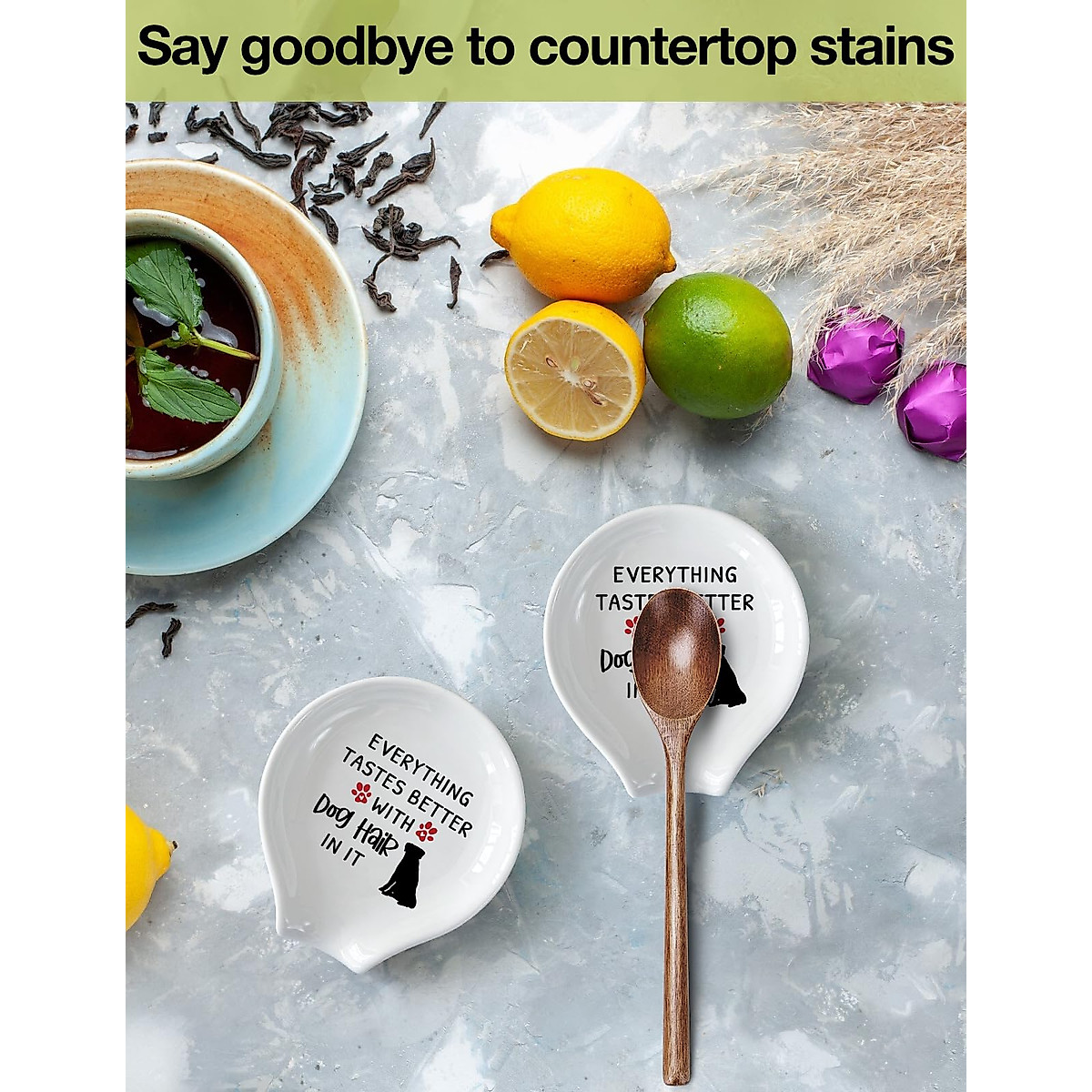 WHING Funny White Ceramic Coffee Tea Spoon Rest, Everything Tastes Better With Dog Hair in it - Coffee Station Decor Coffee Holder Accessories Gift for Coffee Lovers Friends