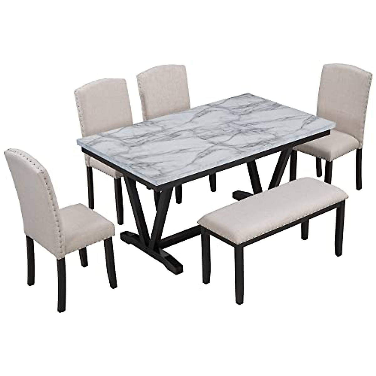 Merax Modern Style 6-Person Dining Table Set with 4 Chairs & a Bench, Marbled Veneers Tabletop and V-Shaped Legs, White(6pcs)