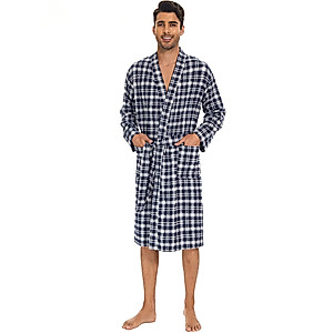 Zerbala Men's Flannel Robe Knee Length Plaid Bathrobe M Navy