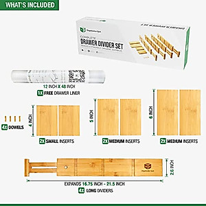 *UPGRADED* Kitchen Drawer Dividers w/Inserts and Liner - Adjustable Bamboo Organizers for Drawers - Spring Loaded, Large for Utensils and Deep for Clothes - Tall Wood Draw Divider Separator (Long)