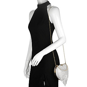 Women Heart Shape Crystal Tassel Evening Clutch Bag, Single-Sided Rhinestones Lady Party Wedding Crossbody Shoulder Ring Handle Handbag (Not Compatible with Phone) (Silver)
