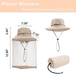 Mosquito Head Net Hat with Hidden Net Mesh for Outdoor Lover Hiking Fishing Beekeeping Gardening Men or Women (Khaki)