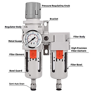 NANPU 1/2" NPT Air Dryer System - 5 Micron Particulate Filter, 0.5 Micron Coalescing Filter & Air Pressure Regulator, Water Trap Separator - Semi-Auto Drain,0-150 psi Gauge, Poly Bowl, Metal Bracket