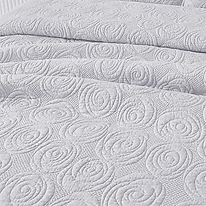Brandream 5-Piece White Quilts 100% Cotton Queen Size Quilt Bedding Set Rose Matelasse Bedspread Set Breathable Lightweight