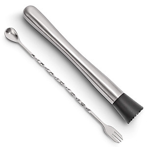 Hiware 10 Inch Stainless Steel Cocktail Muddler and Mixing Spoon Home Bar Tool Set - Create Delicious Mojitos and Other Fruit Based Drinks