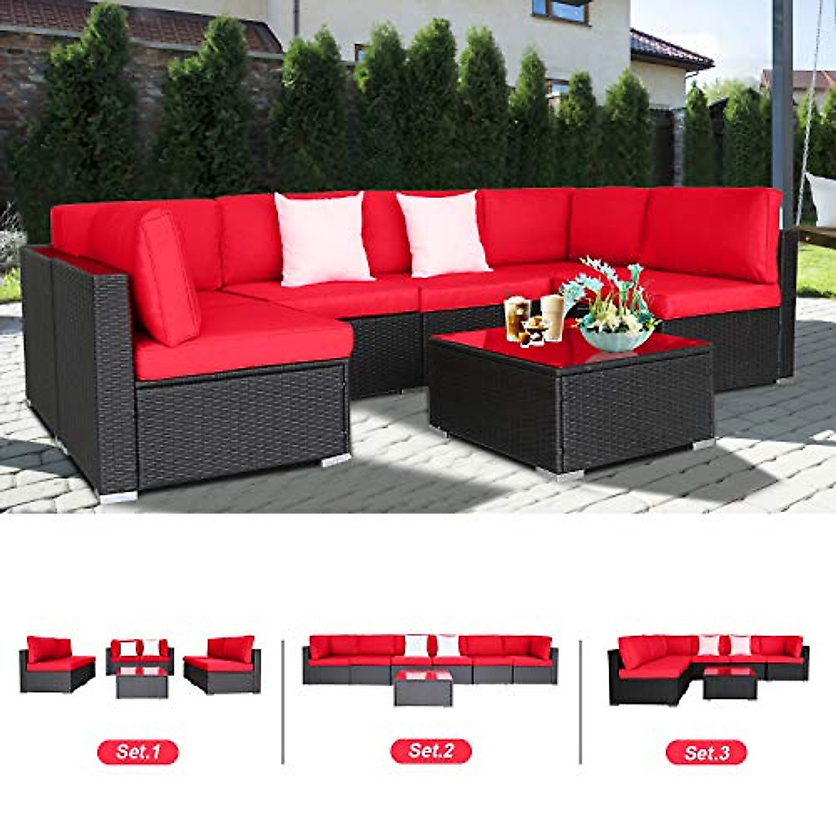 Excited Work 7 PCs Outdoor Patio Furniture Sets PE Rattan Wicker Sofa Sectional Furniture Set with 2 Pillows and Tea Table (Red)