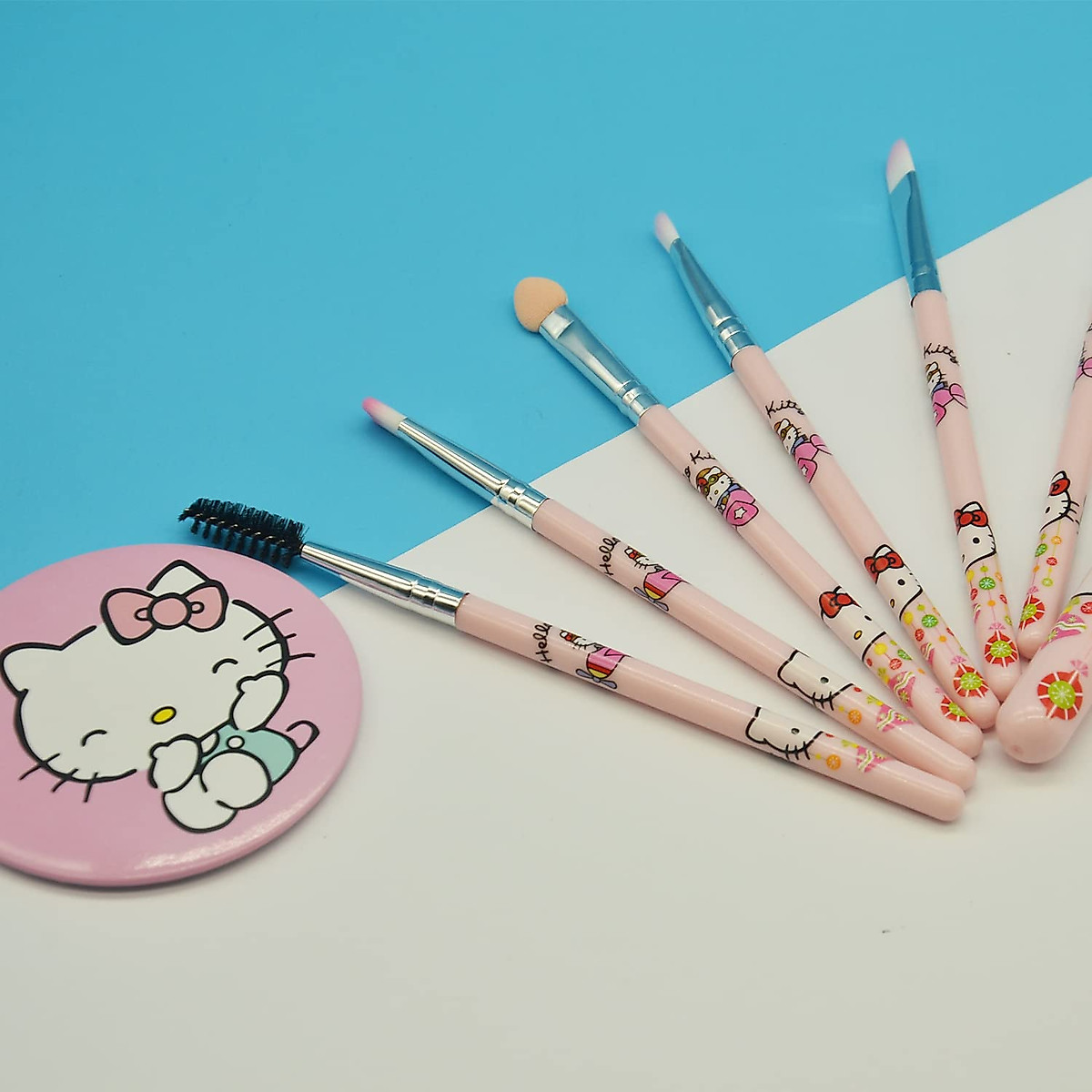 7 PCS Kitty Makeup Brush with Kitty Cat Mirror-Cosmetic Makeup Brush Set Tool Kit Set Brush Set Best Gift for Young Girl Women