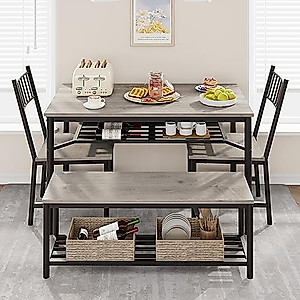 IDEALHOUSE Dining Table Set for 4, Kitchen Table and 2 Chairs with Storage Bench, 47.2" Rectangular Kitchen Table Set with Wine Rack, Dining Room Table Set for Small Space, Apartment, Rustic Gray