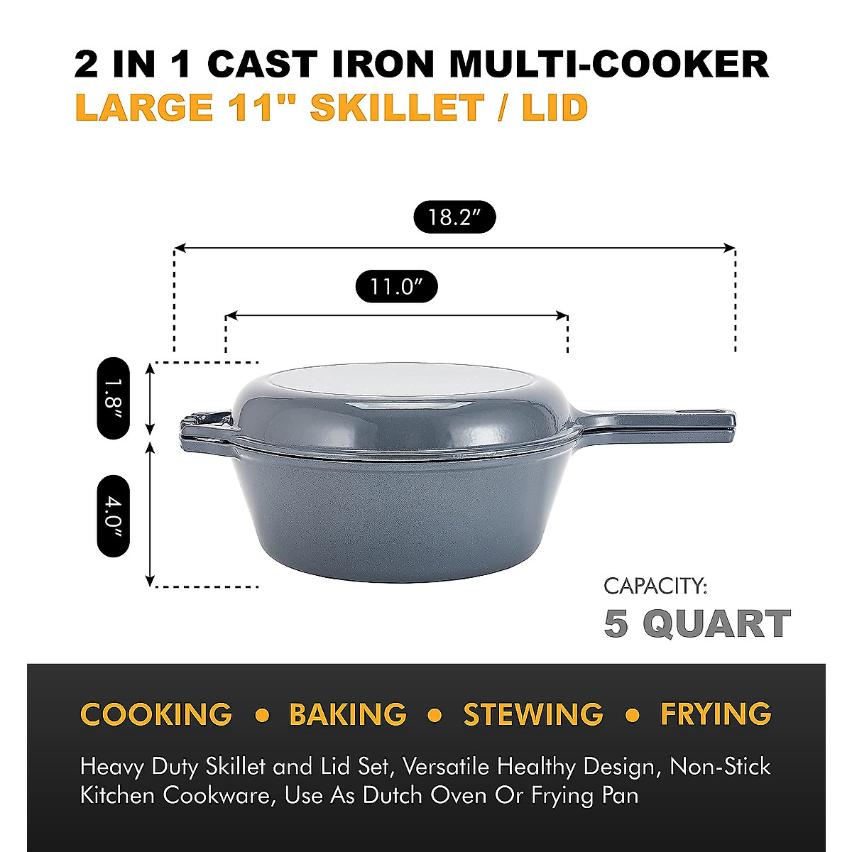 Bruntmor 2-in-1, 5 Quart Enamel Cast Iron Dutch Oven With Handle, 5 Qt Grey Cast Iron Skillet, Enamel All-in-One Cookware Braising Pan For Casserole Dish, Crock Pot Covered With Cast Iron