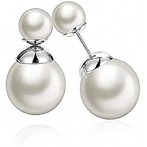 Zittop Double Sided Front Back Peek A Boo Ball Faux Pearl Beads Womens Fashion Elegant Tribal Stud Earrings (Silver)