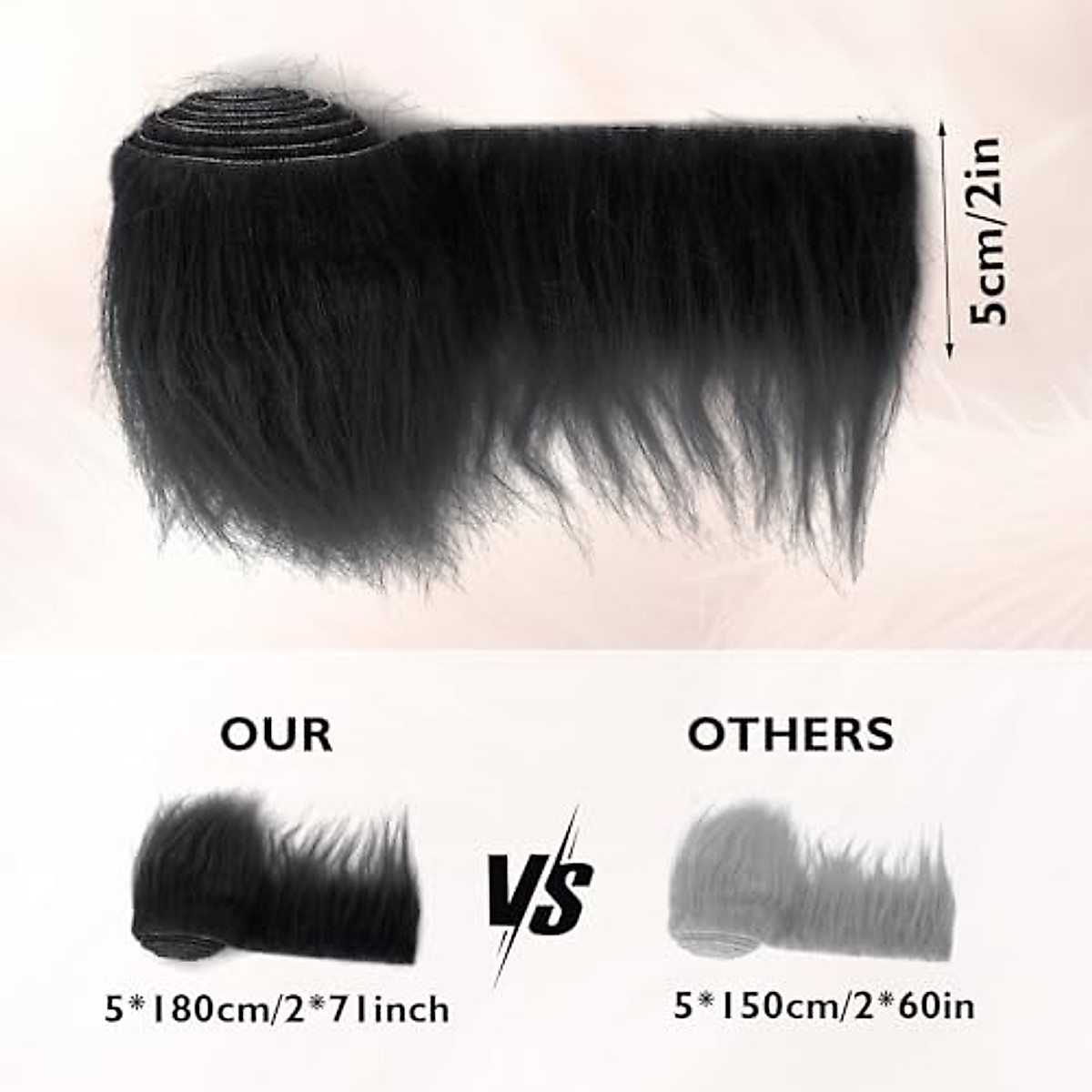 Lusofie Shaggy Plush Faux Fur Fabric Precut Strips 2x71inch Black Fur Fluffy Fuzzy Craft Fur for Gnomes Beard Santa Claus Hair Dwarf Cosplay Costume DIY Craft Decoration (Black)