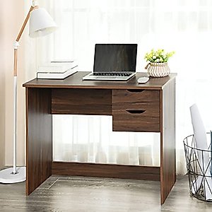 FurnitureR Computer Desk Home Office Desk with 2 Drawers, 35.4'' Study Writing Desk Saves Spaces for Small Rooms, Wood Laptop Table Easy Assembly, Brown