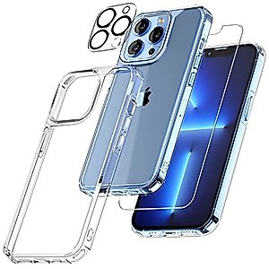 TAURI 5-in-1 for iPhone 13 Pro Phone Case, [Not-Yellowing] with 2 Screen Protector + 2 Camera Lens Protector, [Military Grade Protection] Shockproof Slim Phone Case for iPhone 13 Pro 6.1 inch, Clear