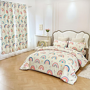 Btargot Lightweight Soft 3 Piece Rainbow Comforter Set with 2 Pillow Covers, Cartoon Love Hearts Flowers and Grass Bedding Set for Girls Boys Kids, Full Multi-Color