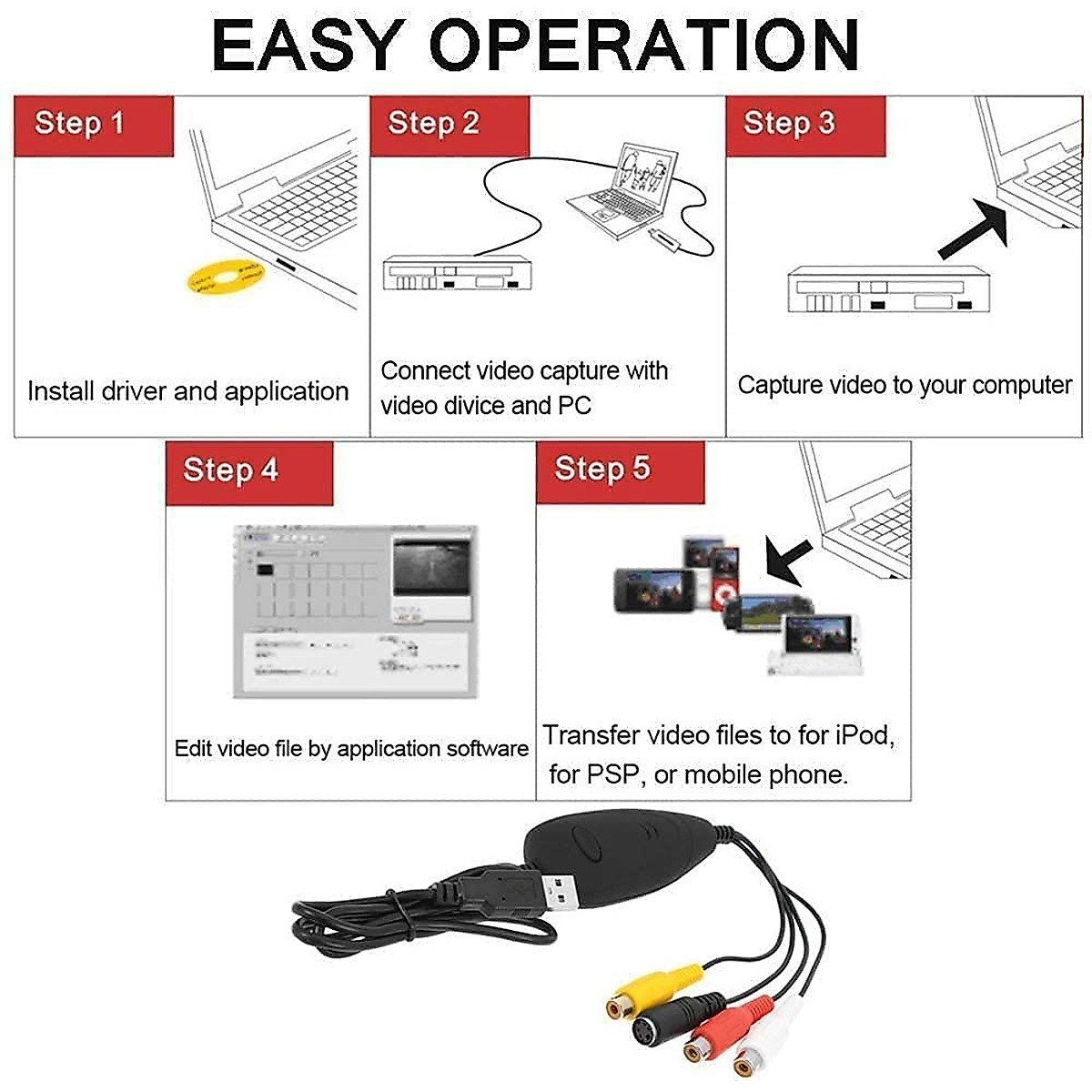 VHS To Digital DVD Converter, USB2.0 Audio/video Capture Grabber Adapter Device,Transfer VCR TV Hi8 Game S video to DVD,Support Windows 10/8.1/8/7/Vista/XP