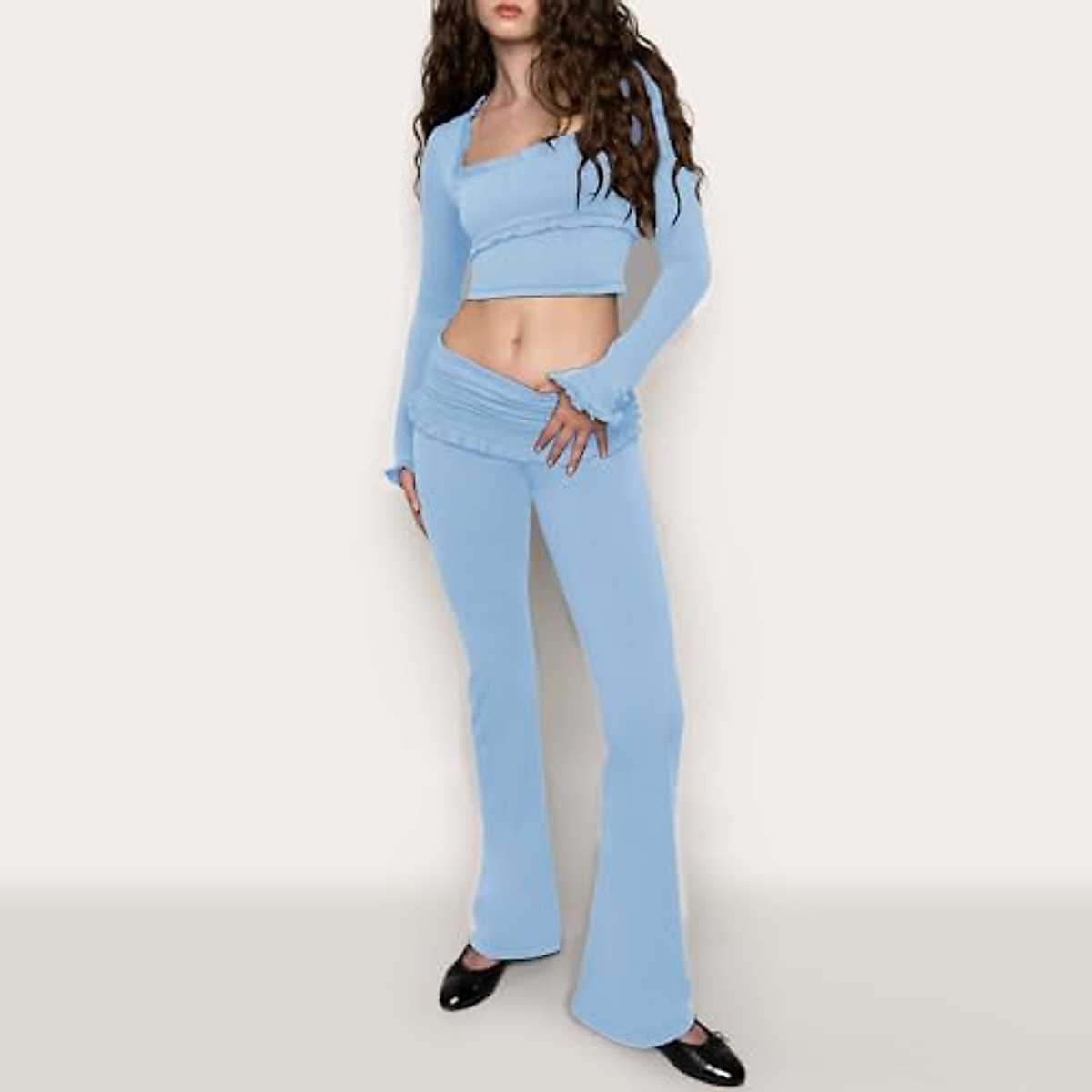 Women 's Flare Skinny Pants Fold Over Leggings Stretch Bootcut Bell Bottom Yoga Pants Y2k Joggers (Purple, M)