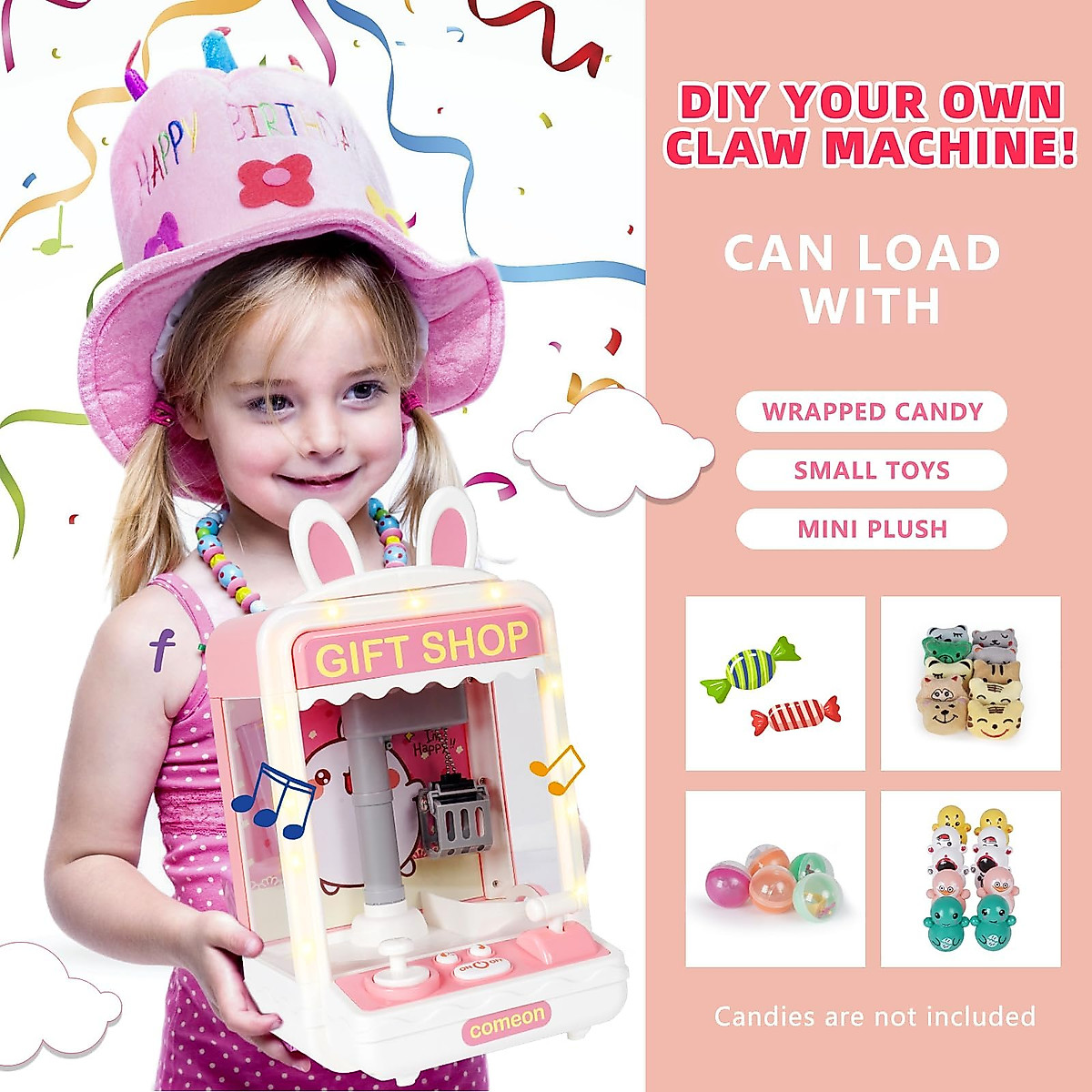 TOYMNI Mini Claw Machine, Claw Machine for Kids with Lights, Mini Vending Machine with Little Toys, Arcade Games Machines, Kids Claw Machine, Adjustable Sound and Music, Toys for Ages 8-13