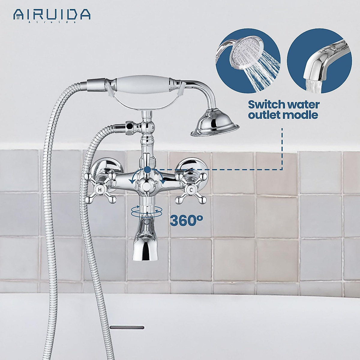Airuida Wall Mount Bathtub Faucet Chrome Polish with Handheld Shower Chrome Polish Wall Mount Kitchen Sink Faucet 8 Inch Center