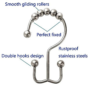 INSIMHEART Shower Curtain Hooks, 12 Pcs Shower Curtain Rings, Stainless Steel Double Shower Curtain Hooks, Rust Proof Metal Shower Curtain Hooks Free Sliding Shower Hooks for Shower Curtain(Nickel)