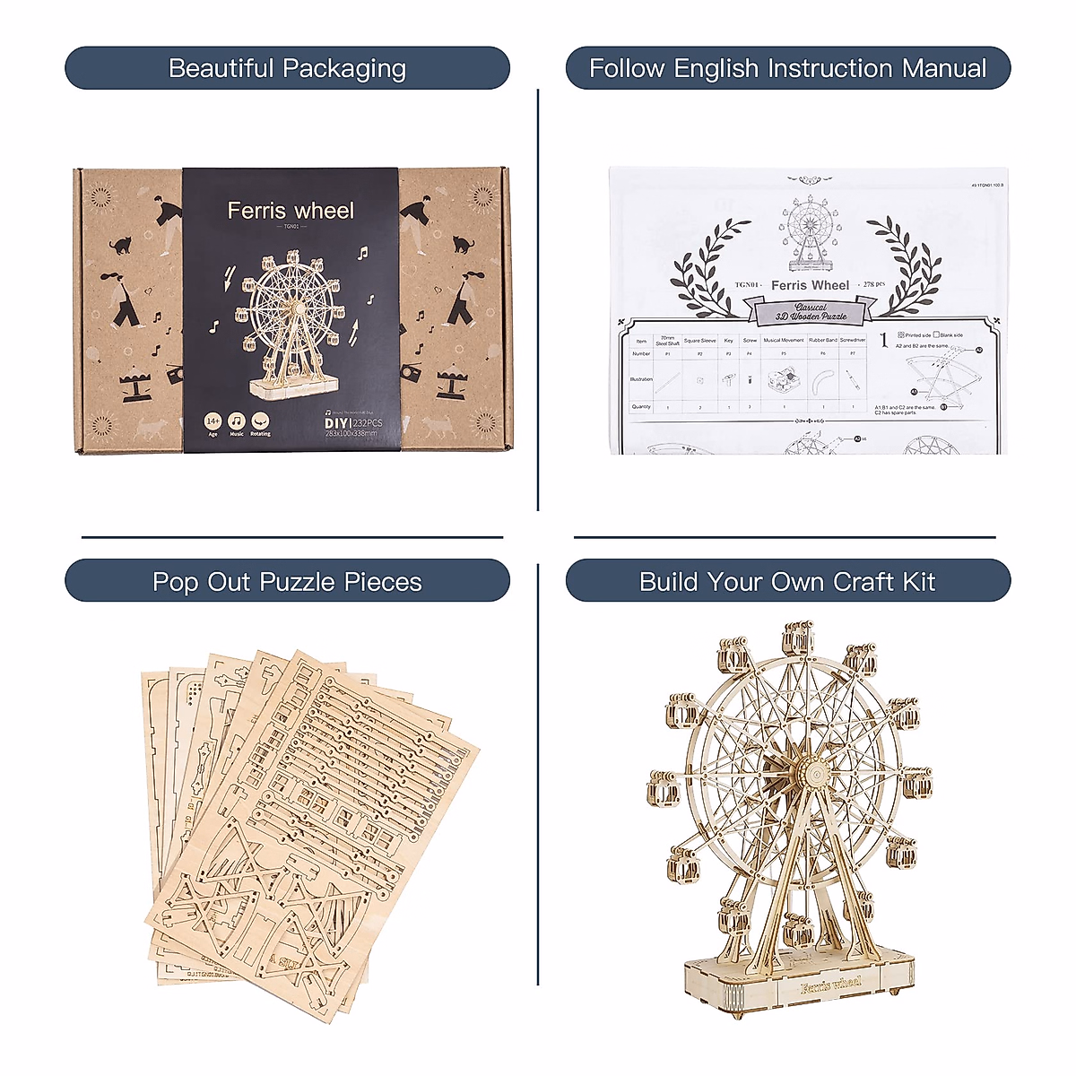 Rowood 3D Puzzles for Adults, Model Kits for Adults, Wooden Music Box,DIY Craft Kits for Adults Teen Boy Gifts on Birthday Christmas - Ferris Wheel (232 PCS)